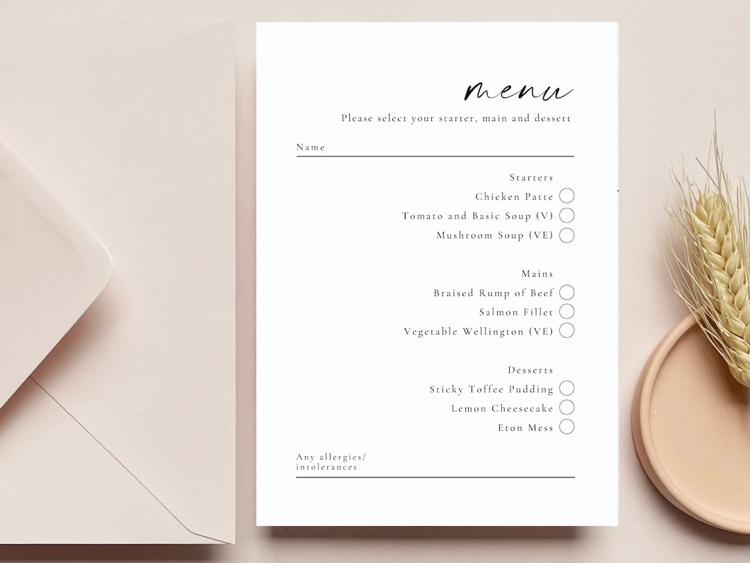 Guest Menu Card Menu Choice Card Menu RSVP - Etsy UK