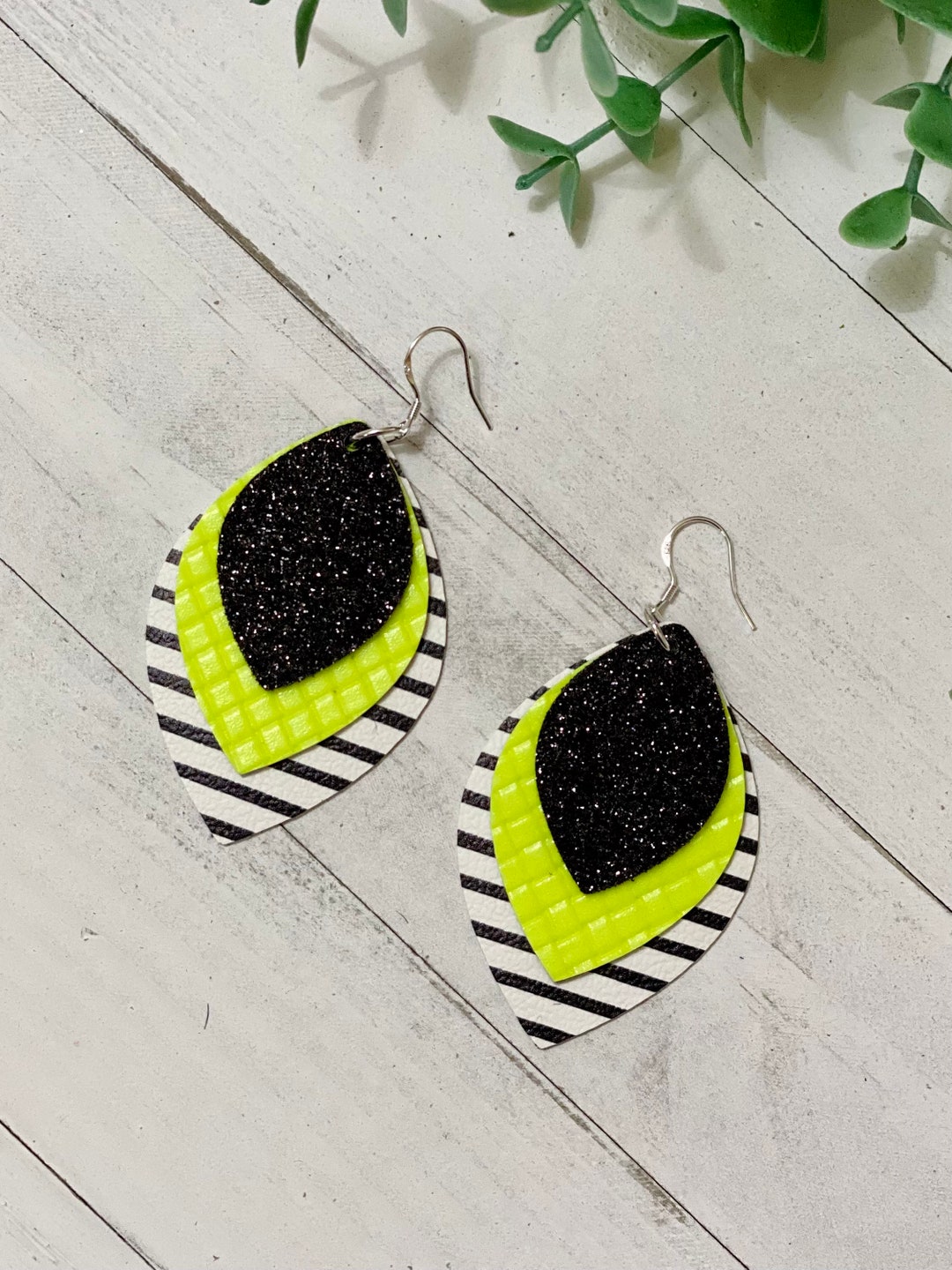 Neon Yellow, Black and White Stripes and Black Glitter Triple Layer ...