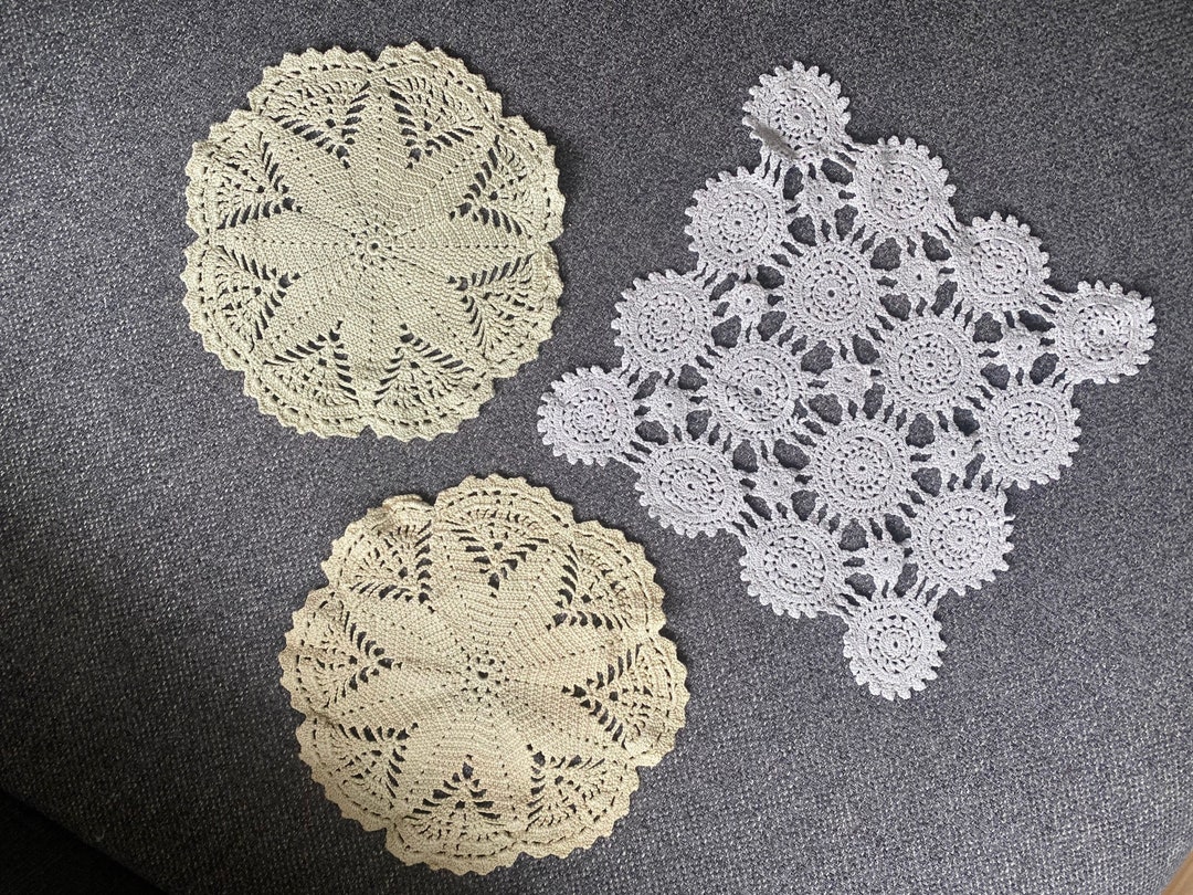 Vintage Crochet Doilies: Handmade Table Decor, Grey Creme Sand - Etsy