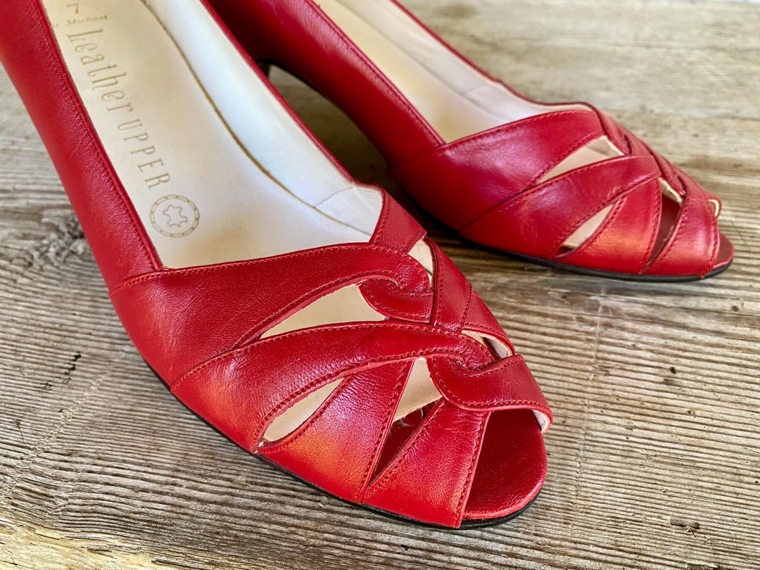 Retro Red Heels From ST.MICHAEL 80s Red Detailed Leather Open Toe Shoes ...