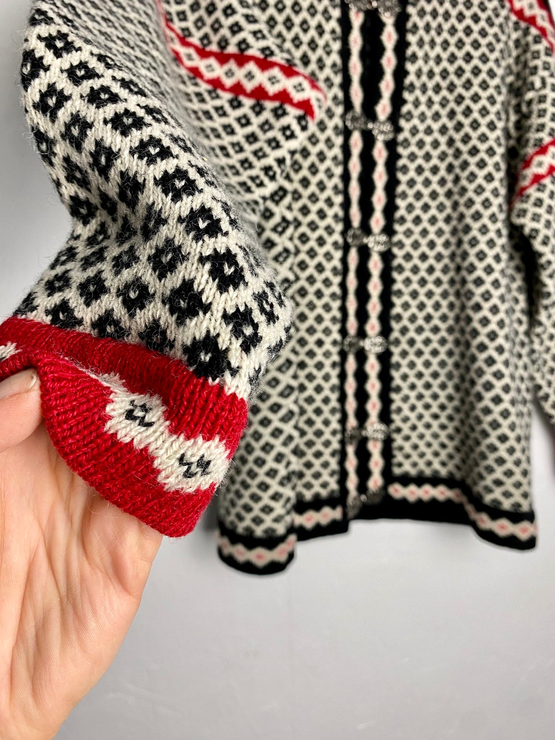 Vintage Wool Cardigan: Geometric Knit Sweater With Metal Hook Closure ...