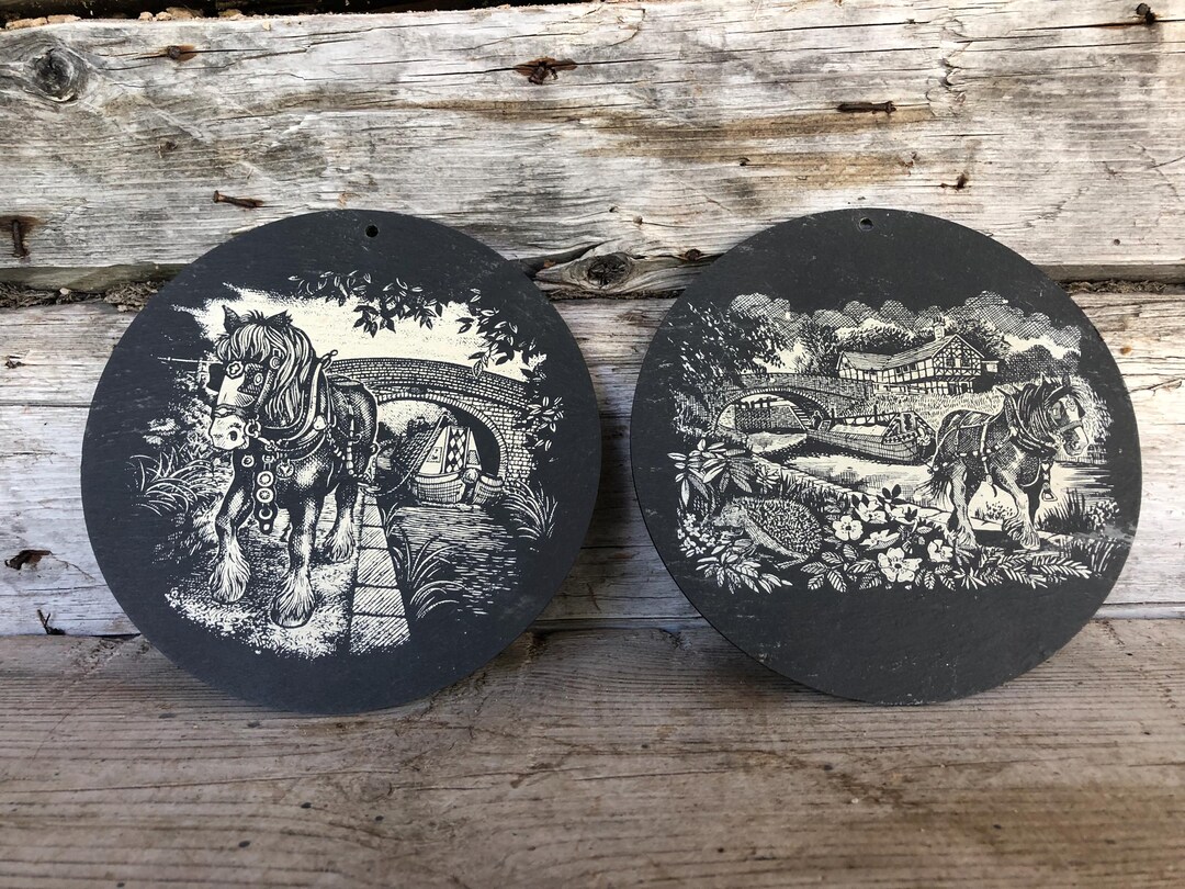 Welsh Slate Wall Plaques: Horse & Barge Sketch Art, Set of 2 - Etsy UK