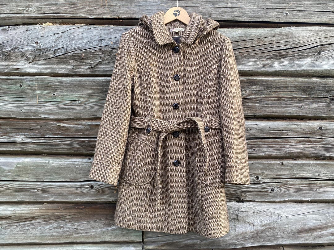 Big Hooded Wool Coat, Brown Check Winter Parka Woman’s Size L - Etsy