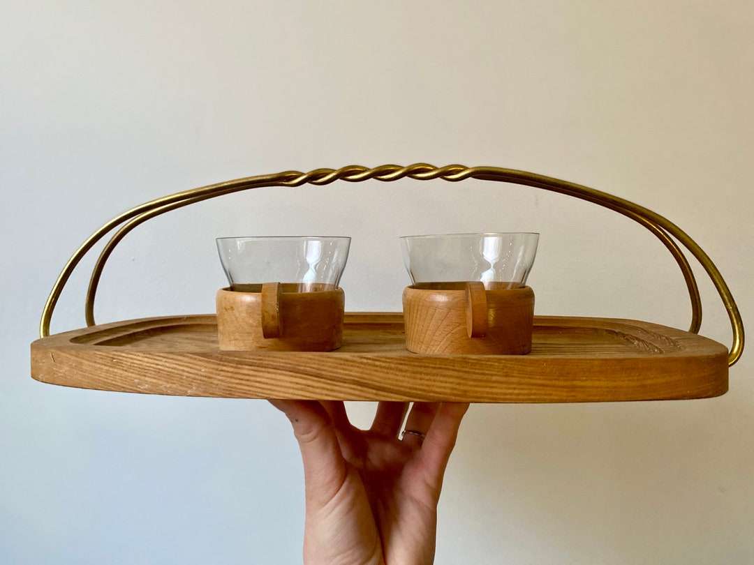 Vintage Tea Tray and glass tea cups, wooden handmade retro 70s, handle ...