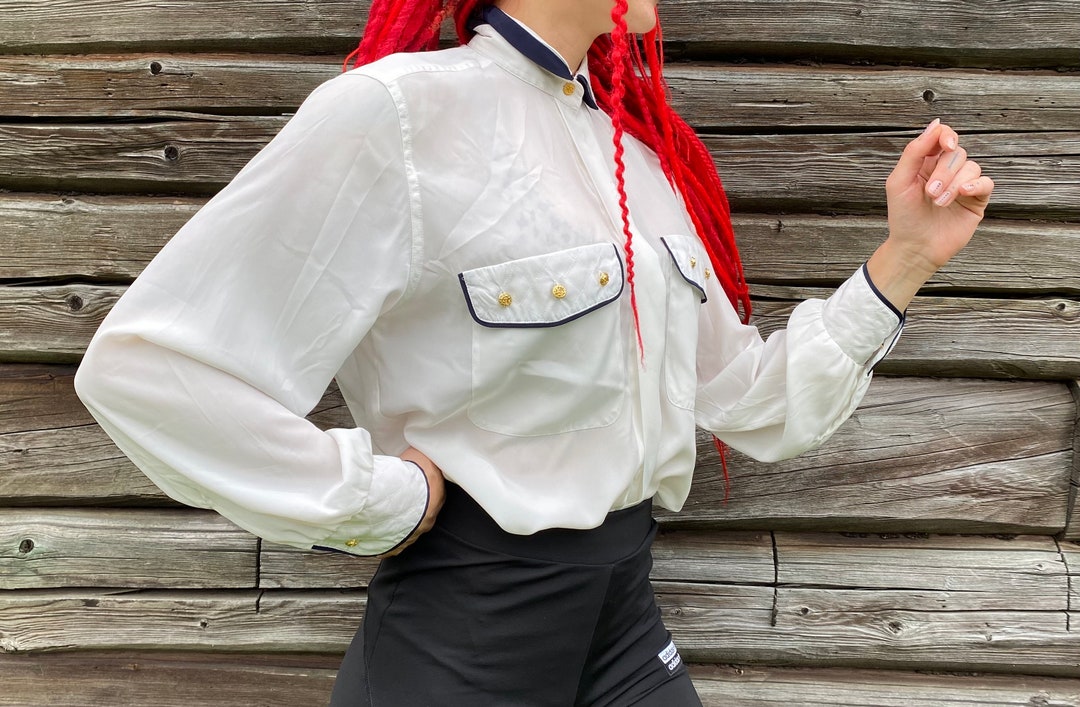 Blue Lined White Blouse With Golden Buttons, Double Collared Blue ...