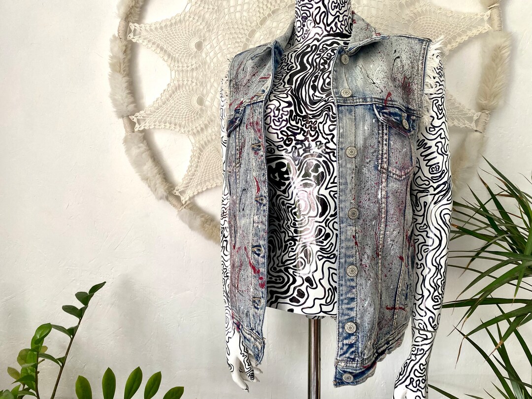 Painted Denim Vest, Upcycled Handpainted Jean Waistcoat, Grundge Punk ...