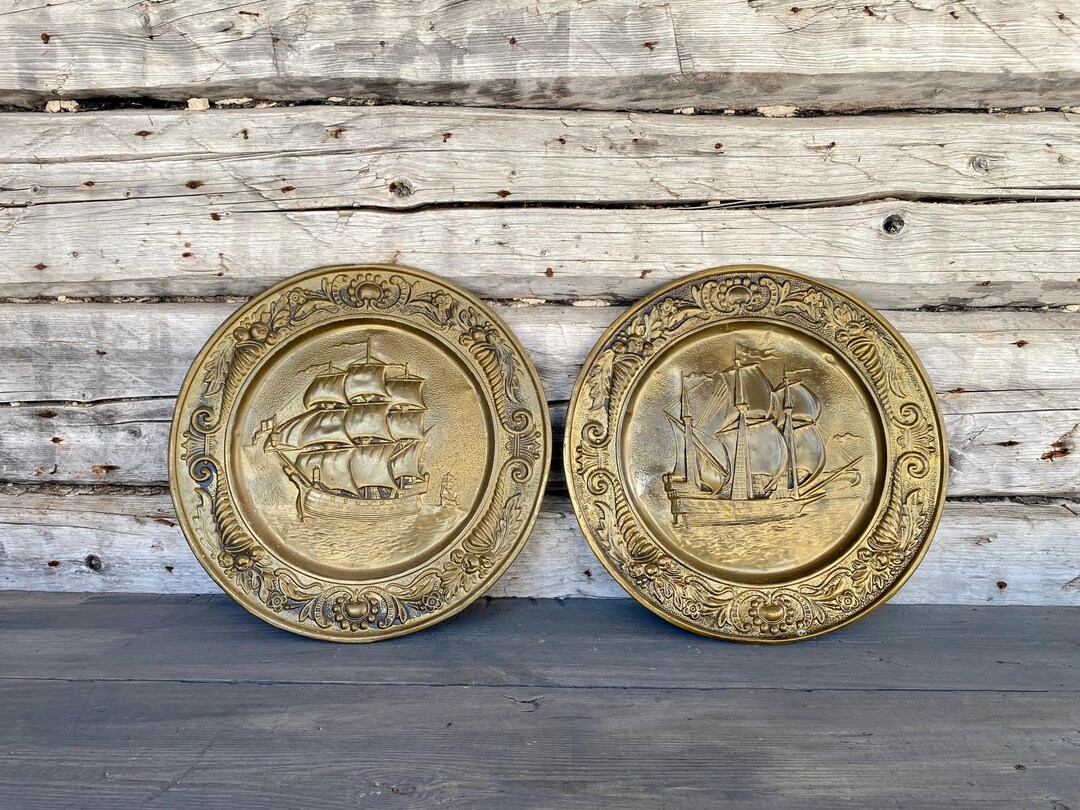 Vintage Brass Sailing Ship Wall Plates: Nautical Decor (D36 Cm) - Etsy