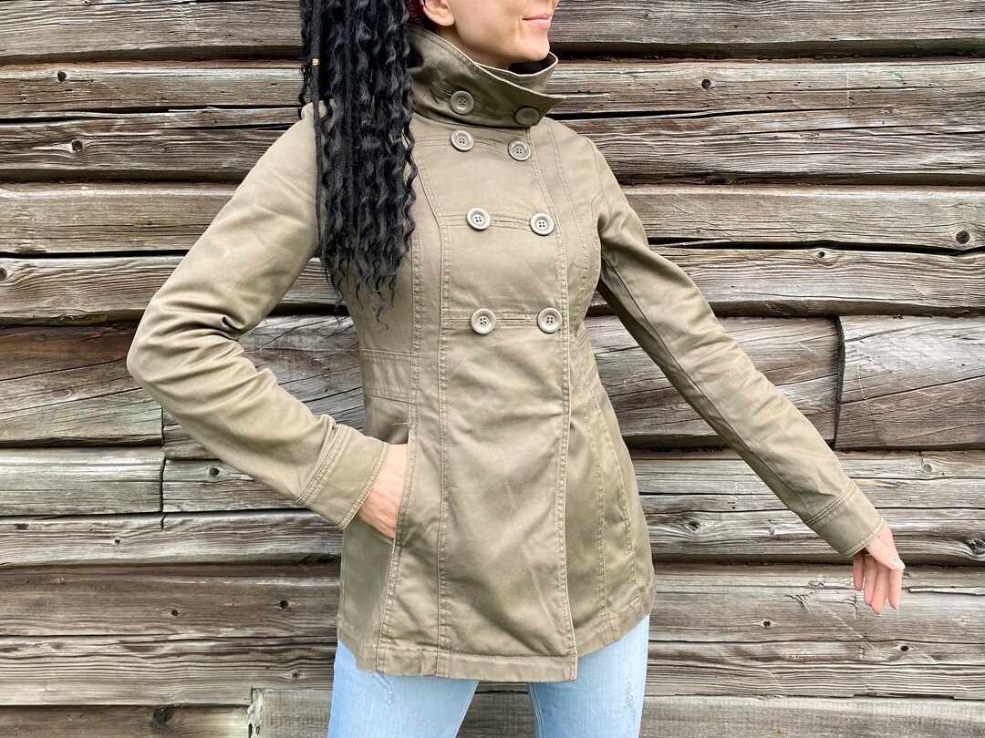 Vintage ONLY Khaki Jacket , Khaki Green Spring Coat, High Neck Collared ...