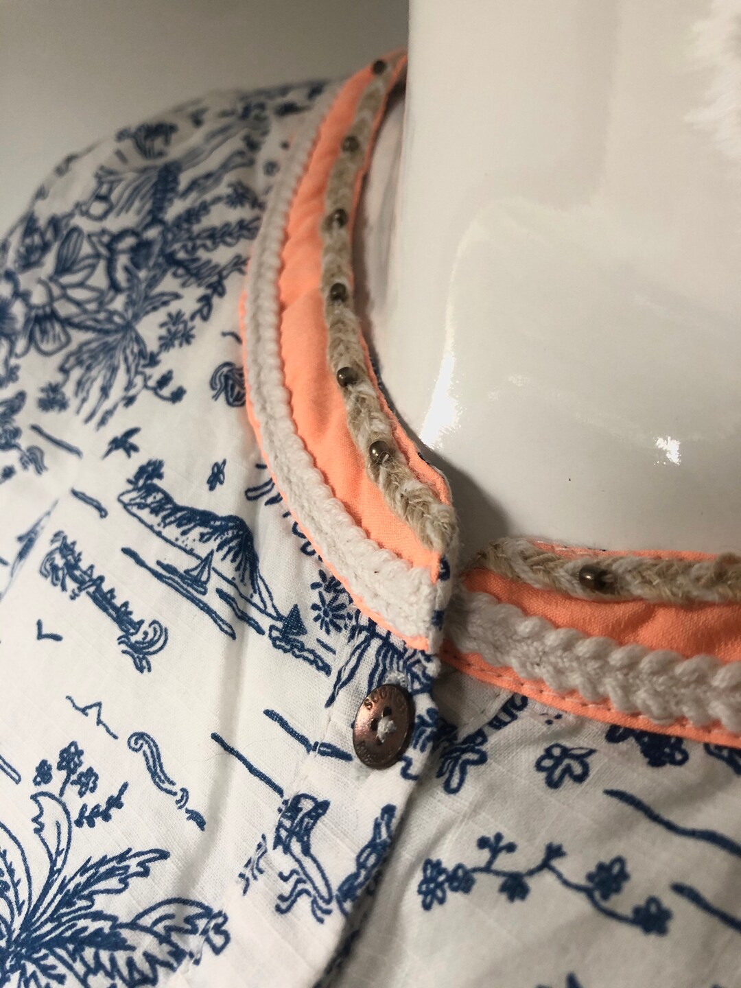 Vintage Cartoon Button Shirt: Blue & White Lace Trim, Size S/M - Etsy