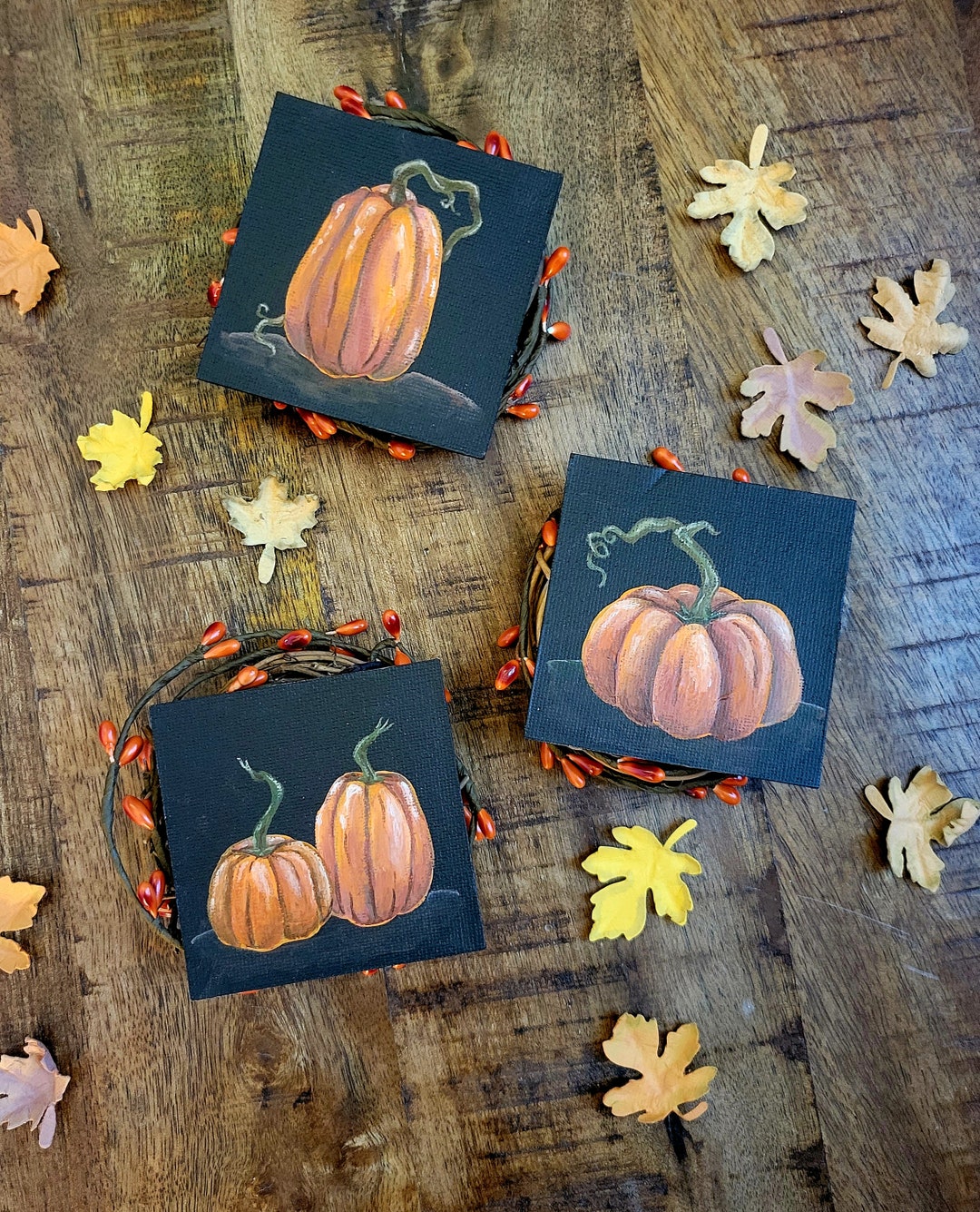 ORIGINAL ART - Autumn Pumpkin Mini Painting on Magnetic Canvas 3" X 3 ...
