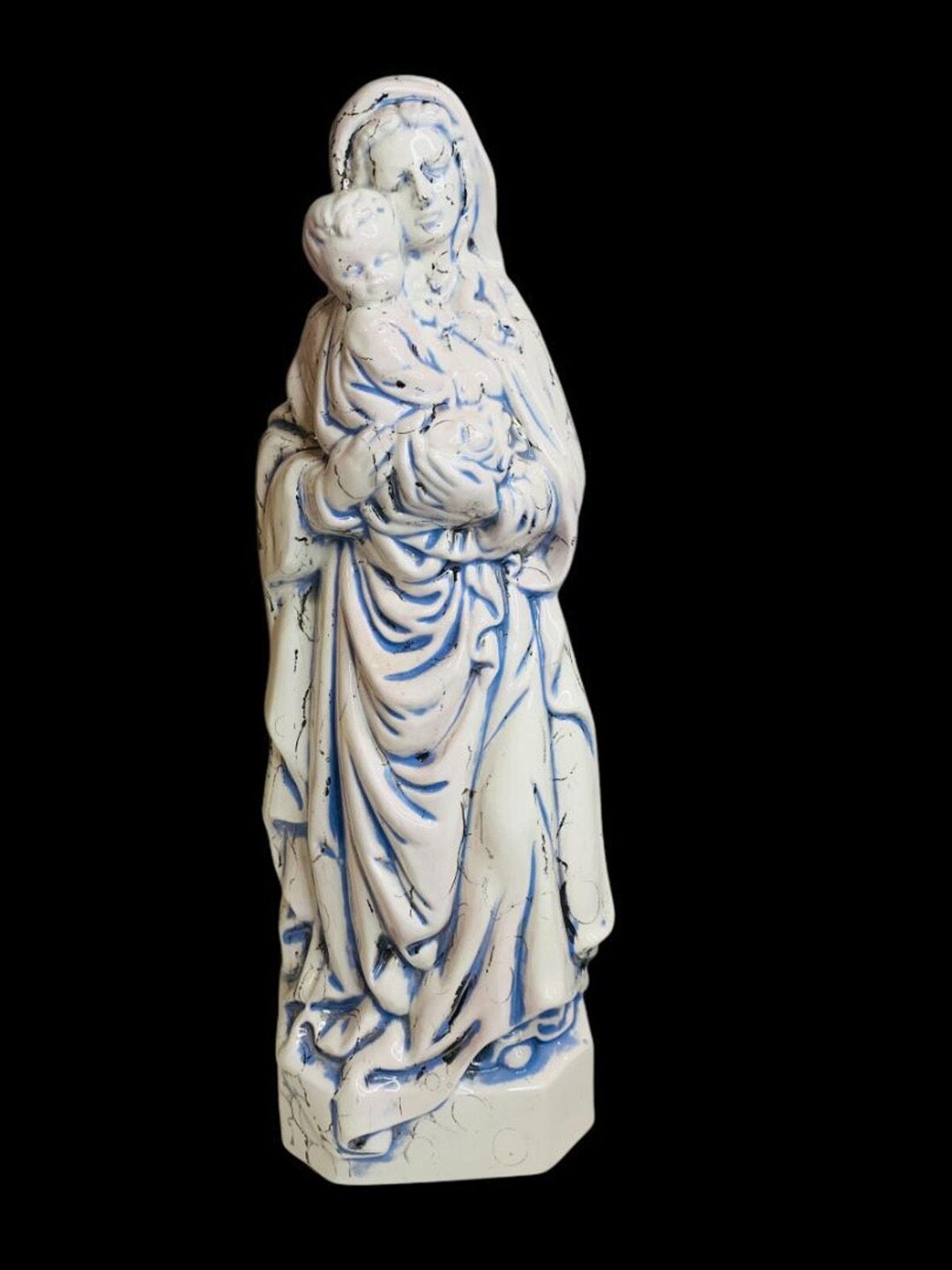 Vintage Madonna Baby Jesus Ceramic Figurine Artistic Glaze Blue Black ...