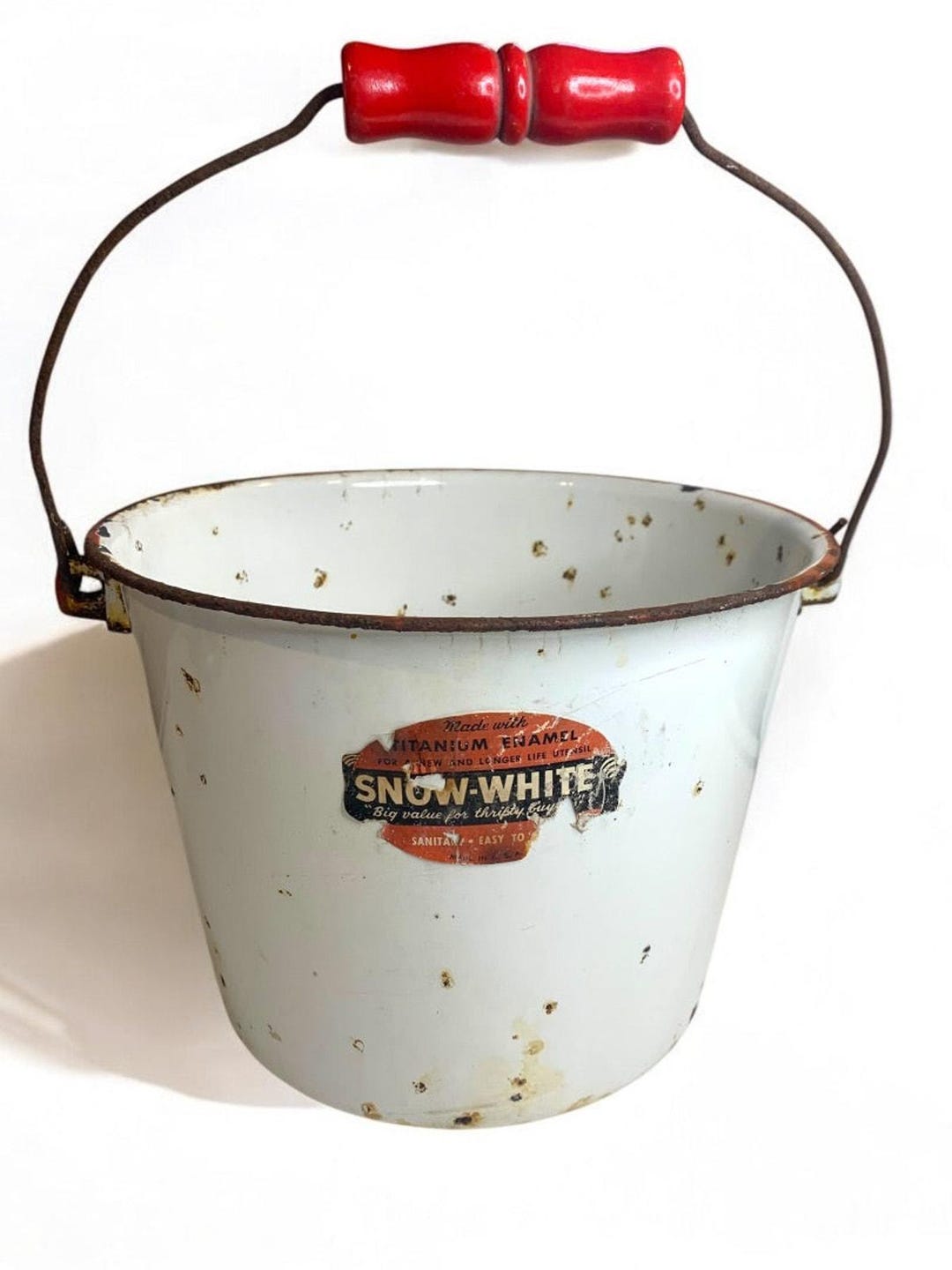 Porcelain Enamelware Snow-white Bucket Pail White Wooden Handle Sticker ...