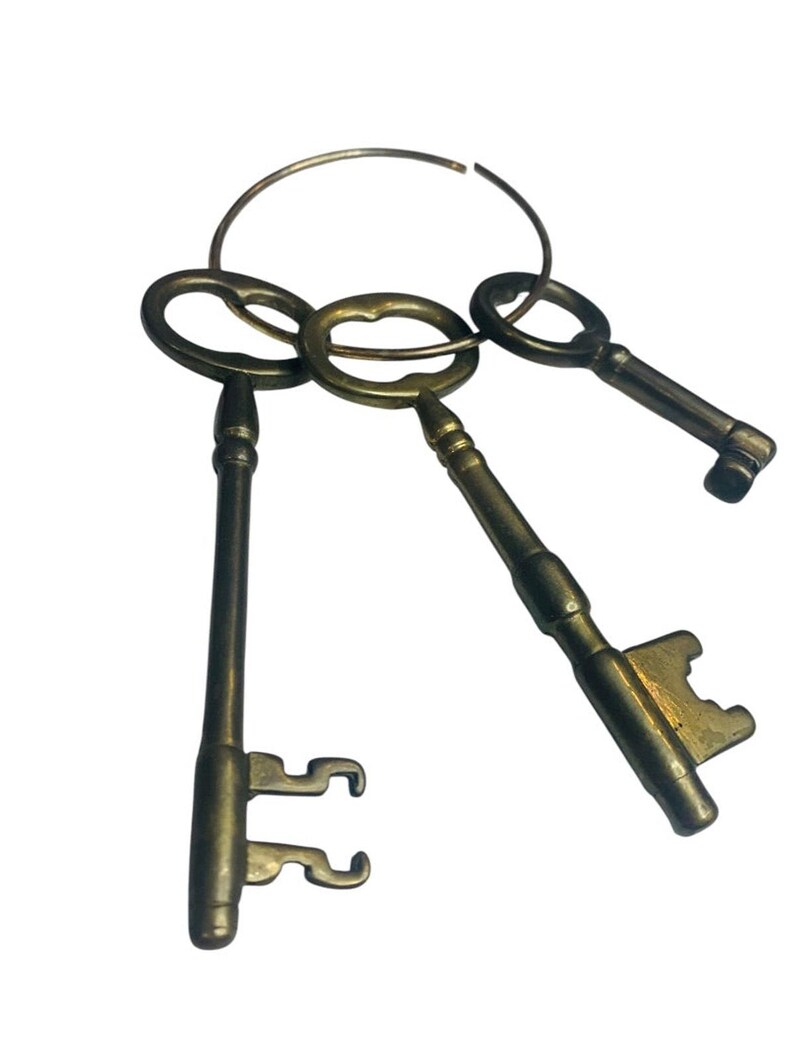 3 Solid Brass Jailers Pirate Church Skeleton Key Ring Set Victorian ...