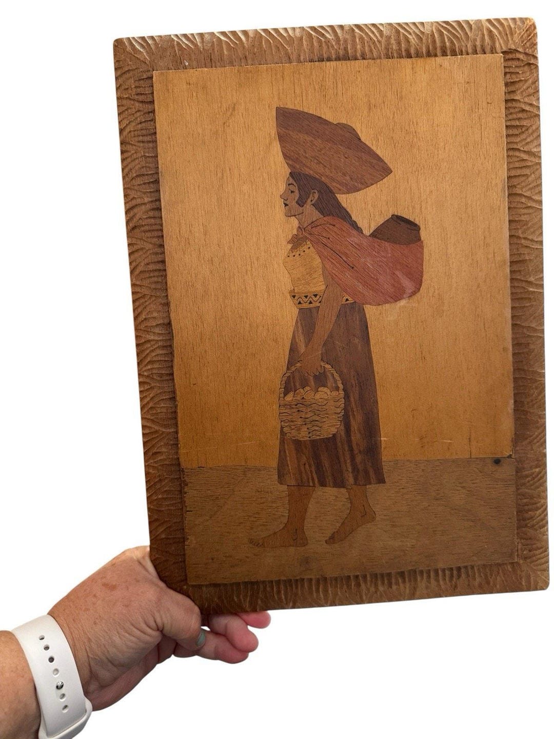 VTG Wooden Wood Female Figure Carrying Eggs Colored Wood Inlay Wall ...