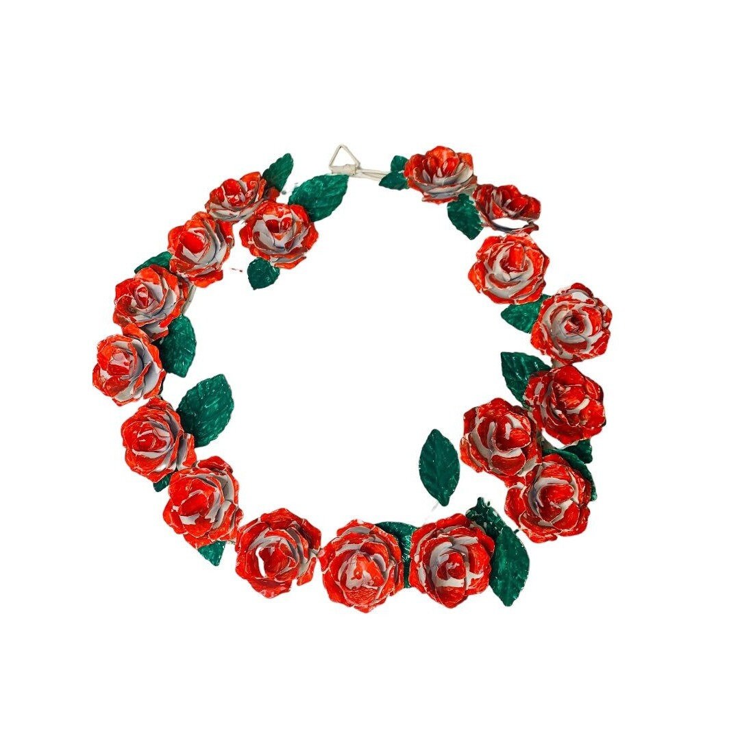 Vintage Toleware Metal Wreath Roses Dimensional Red Green 14" Diameter ...