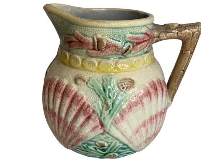 Antique 1880s Majolica Seashell Shell Seaweed Pitcher Pastel 6.5 Inch ...
