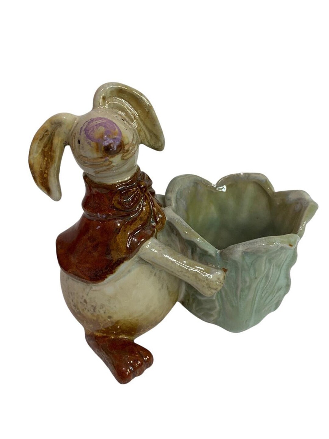 Vintage Bunny Rabbit Art Pottery Holding Lettuce Bowl Figurine Signed ...