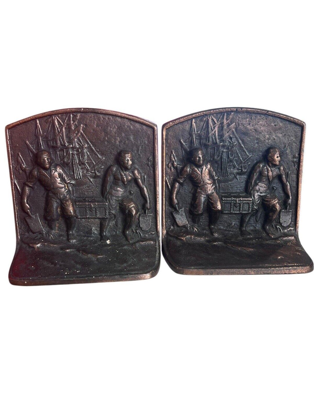 Antique Iron Pirate Bookends W/ Treasure Chest & Ship Vintage Pair Set ...