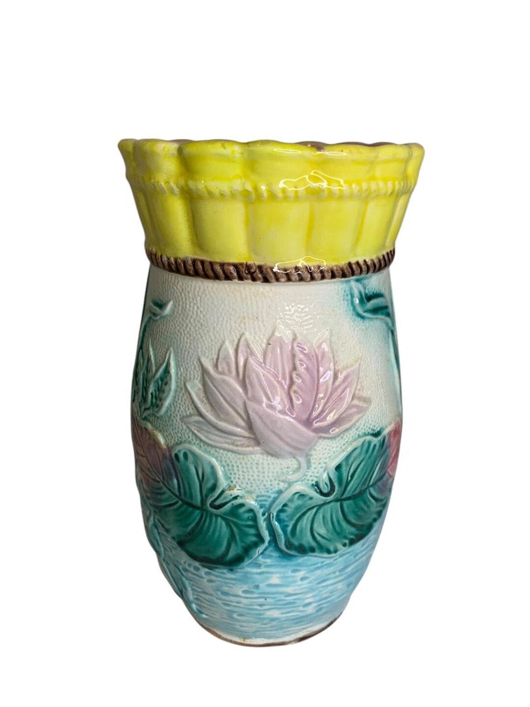 Antique 1880s Majolica Water Lily Vase Sam Lear Vibrant Color 7.25 ...