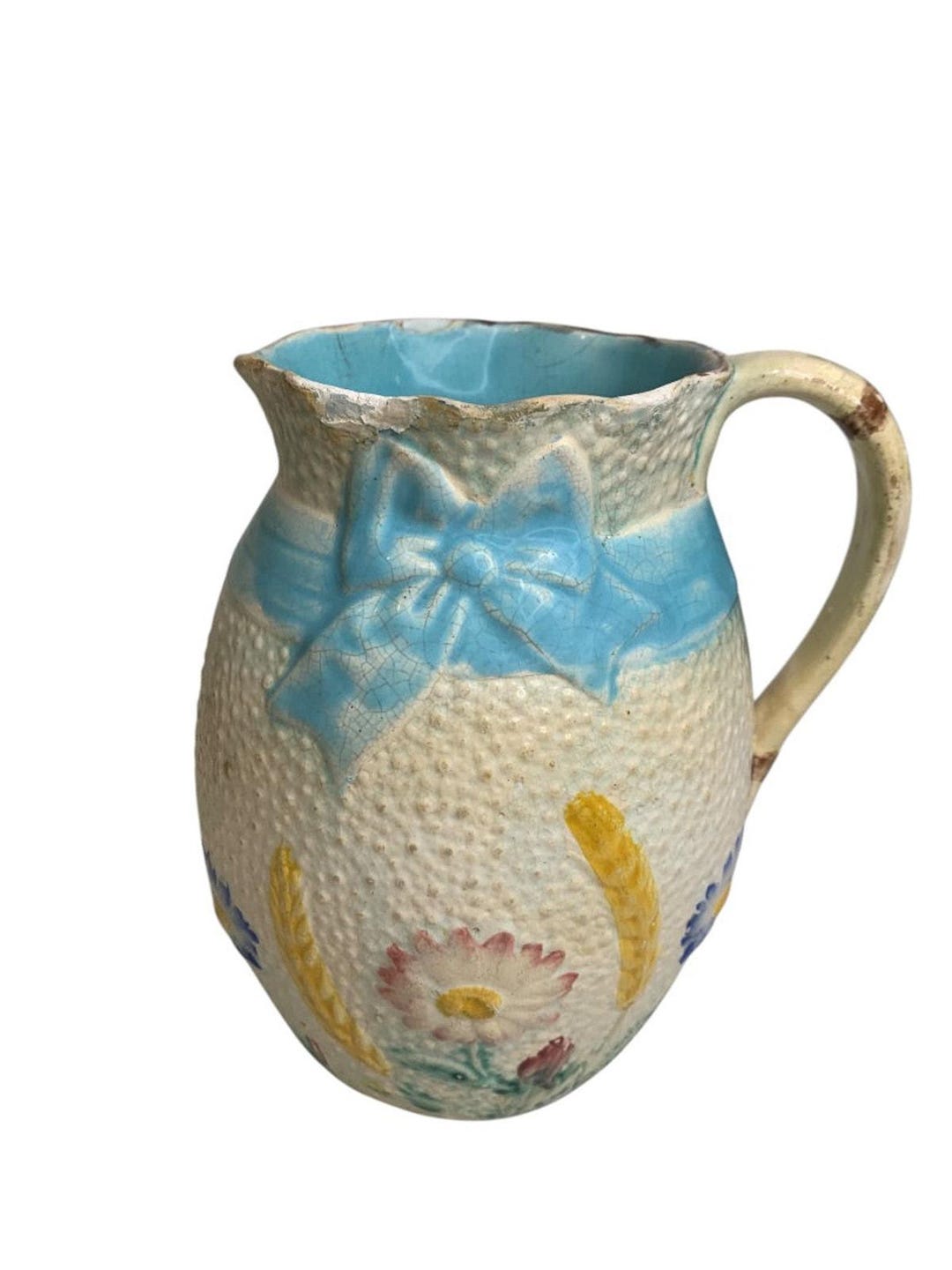 Antique Simon Fielding Majolica Pitcher Pottery Wildflower Blue Bow 6 ...