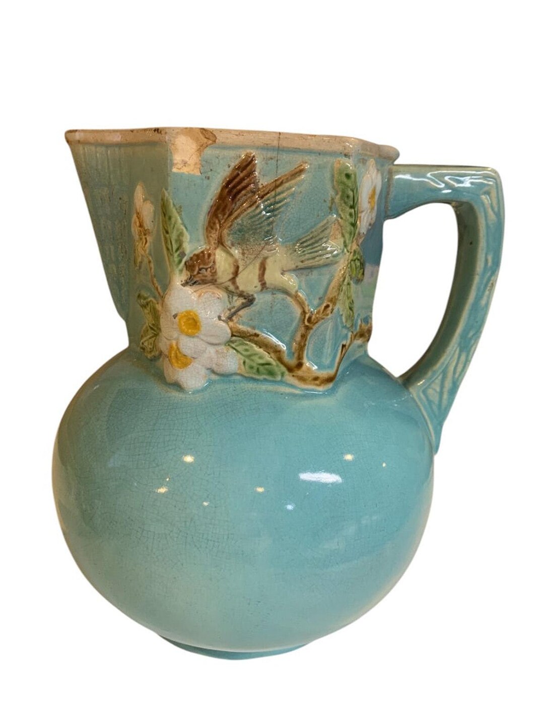 Antique Majolica Pitcher Pottery Blue Hummingbird Flower 8.5 Inch - Etsy