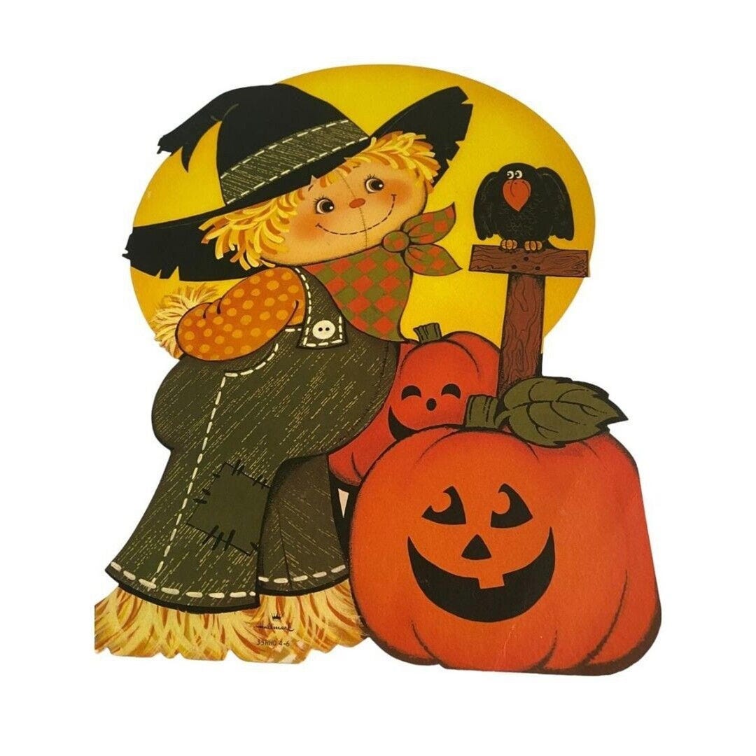 Vintage Hallmark Halloween Cardboard Cut Out Scarecrow Crow Jack O ...