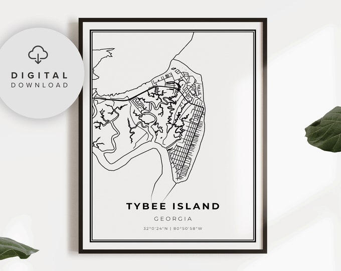 Tybee Island Map Print, Georgia GA USA Map Art Poster, City Street Road ...