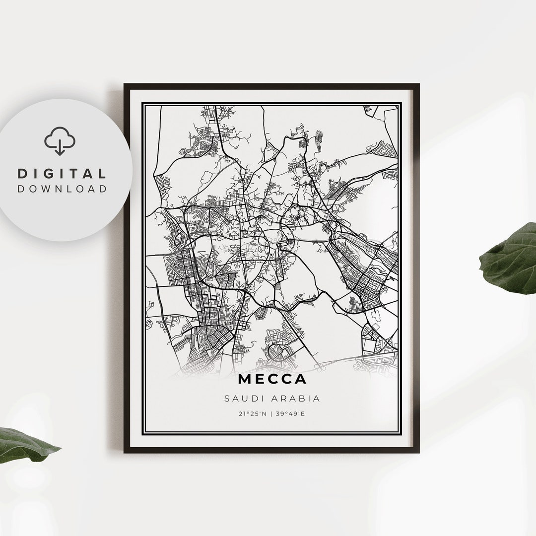 Mecca Map Print, Saudi Arabia Map Art Poster, Makkah Bakkah Kaaba ...