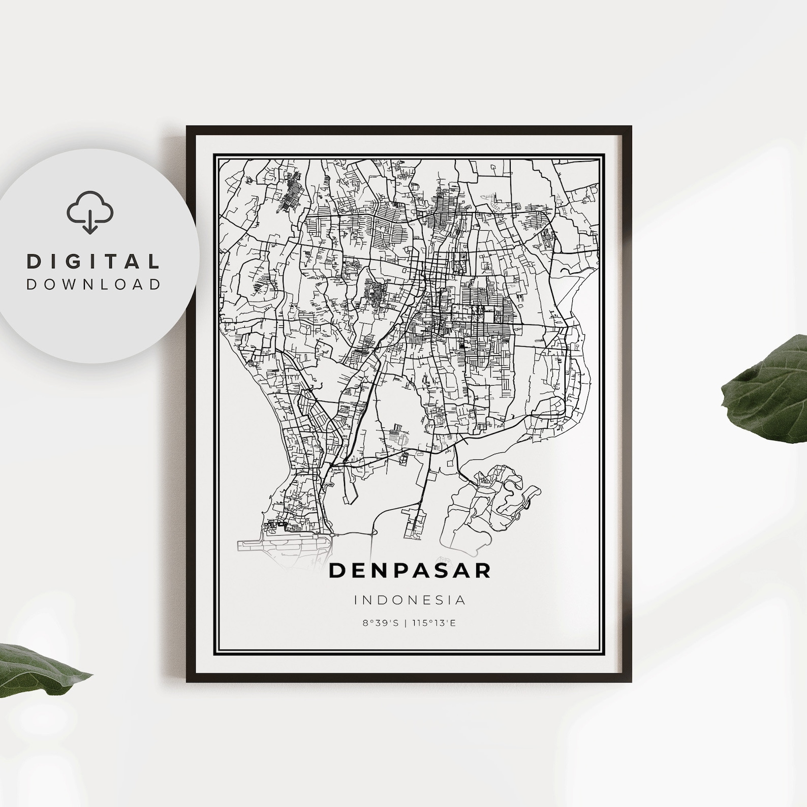 Denpasar Map Print Bali Indonesia Map Art Poster Sunda | Etsy