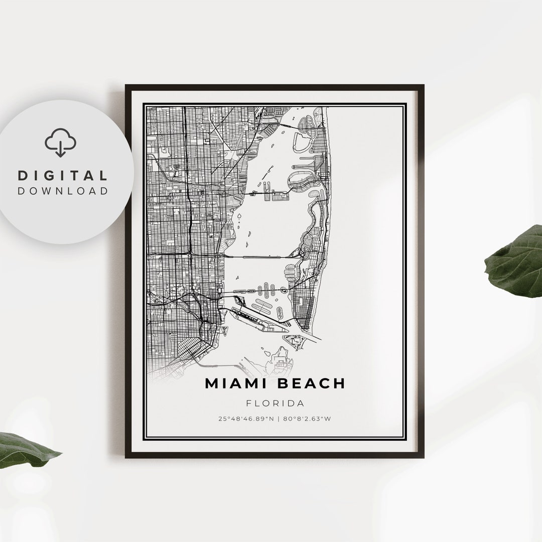 Miami Beach Map Print, Florida FL USA Map Art Poster, Printable City ...