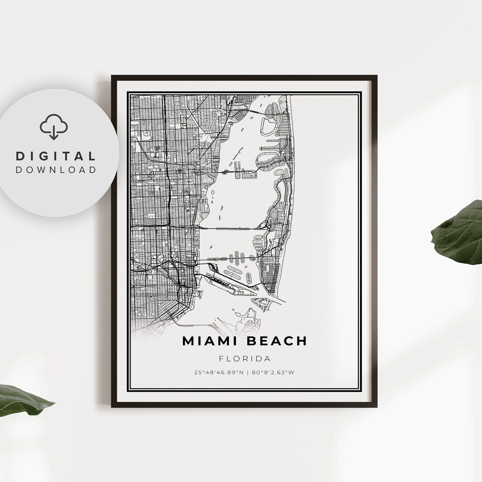 Miami Beach Map Print, Florida FL USA Map Art Poster, Printable City ...