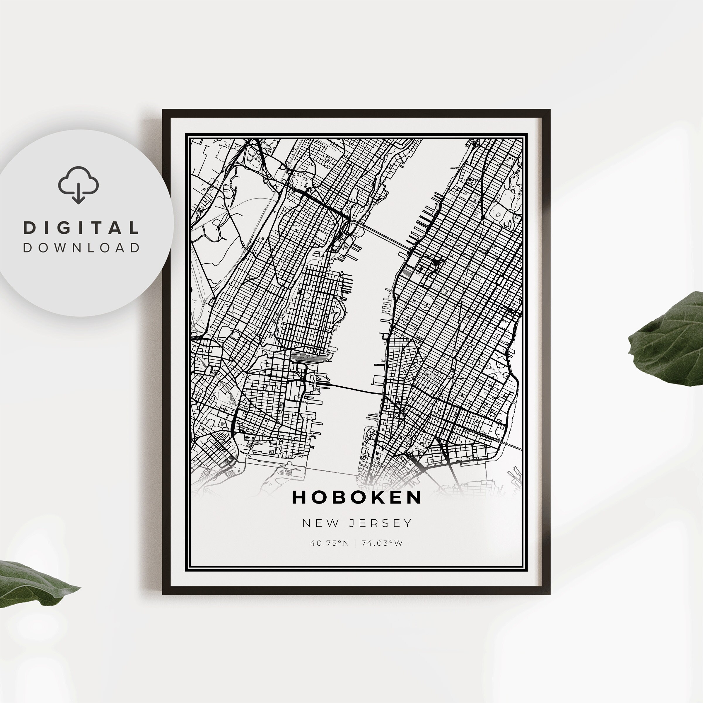 Hoboken Map Print, New Jersey NJ USA Map Art Poster, Hudson County ...