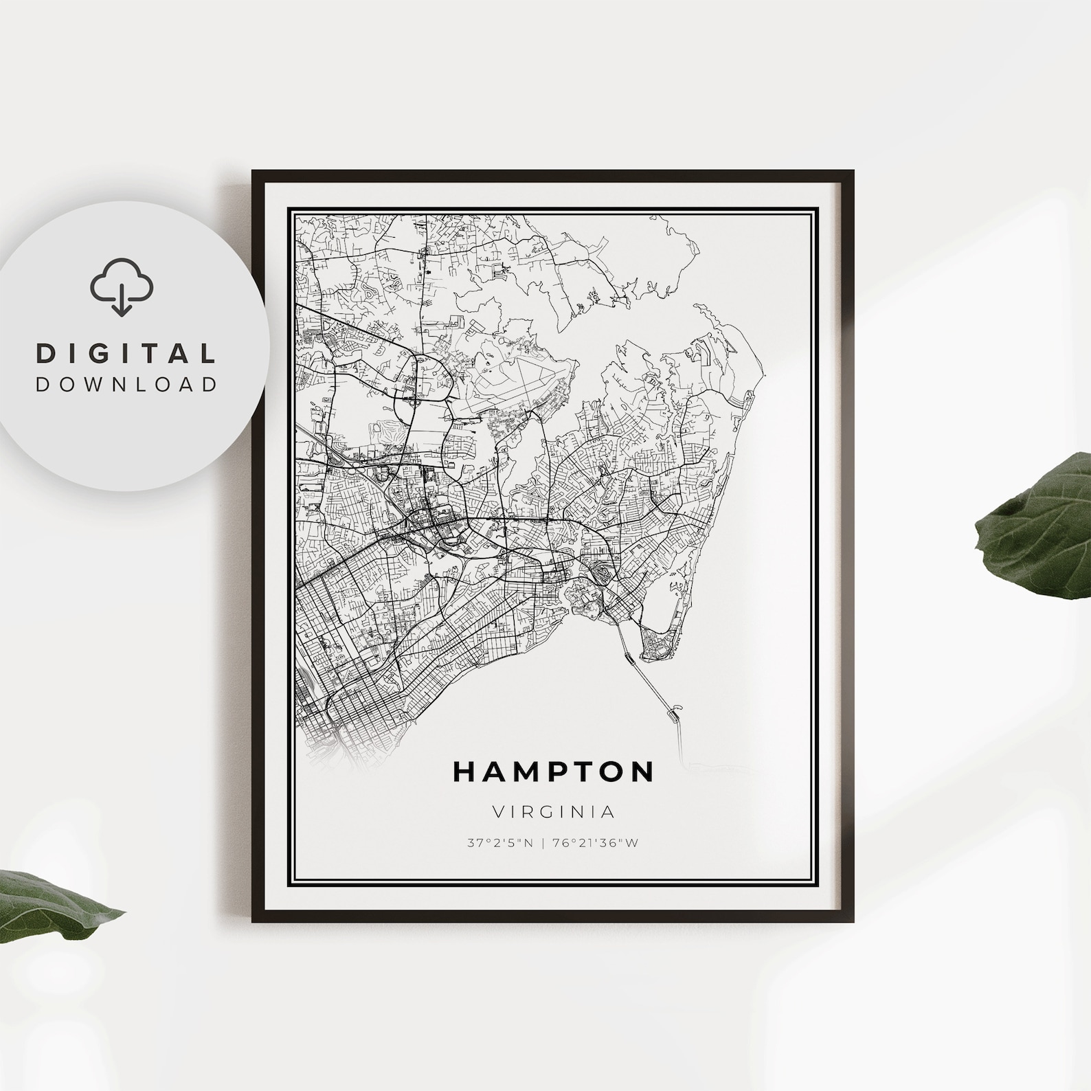 Hampton Map Print, Virginia VA USA Map Art Poster, Printable City ...