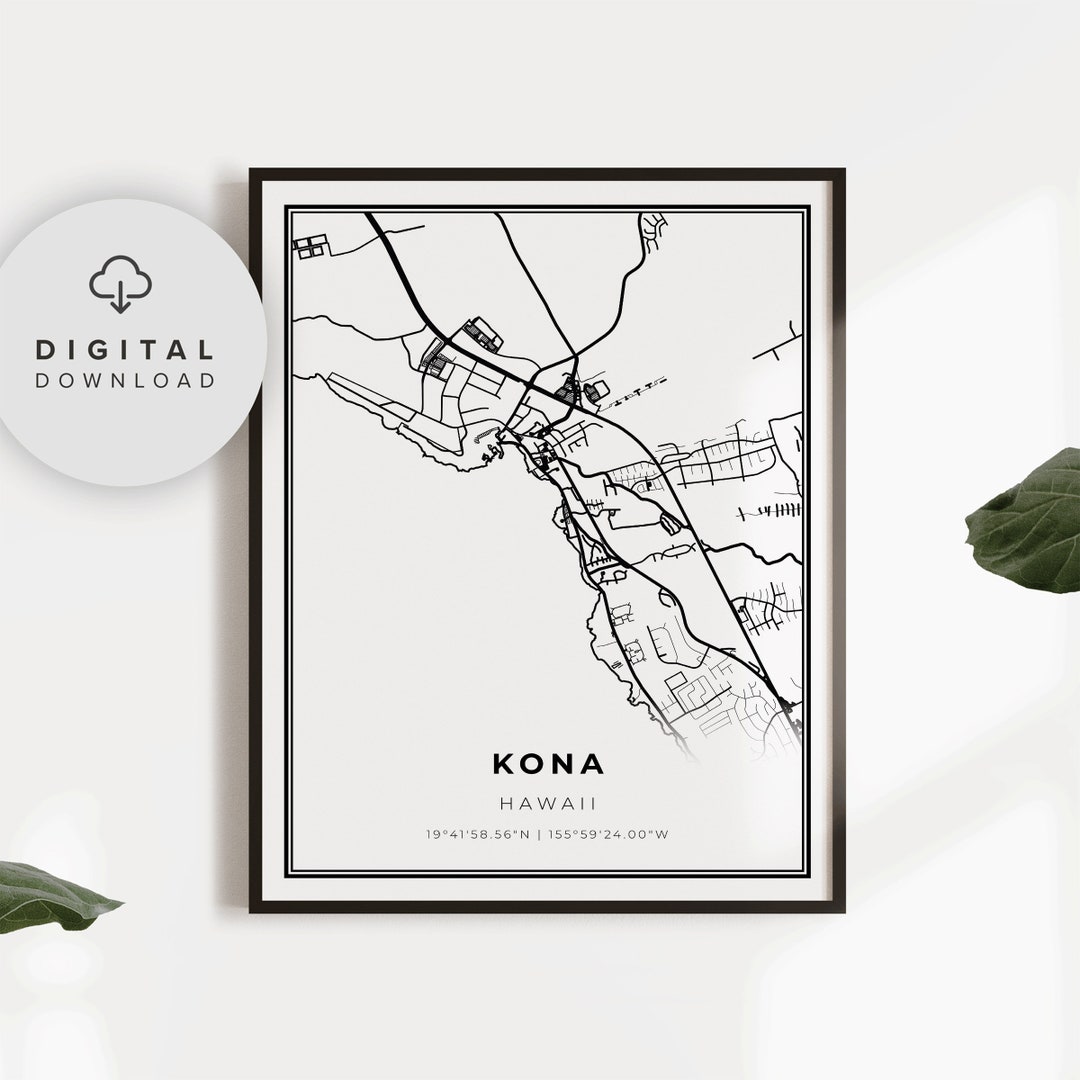Kailua-kona Map Print, Hawaii HI USA Map Art Poster, Kona Big Island ...