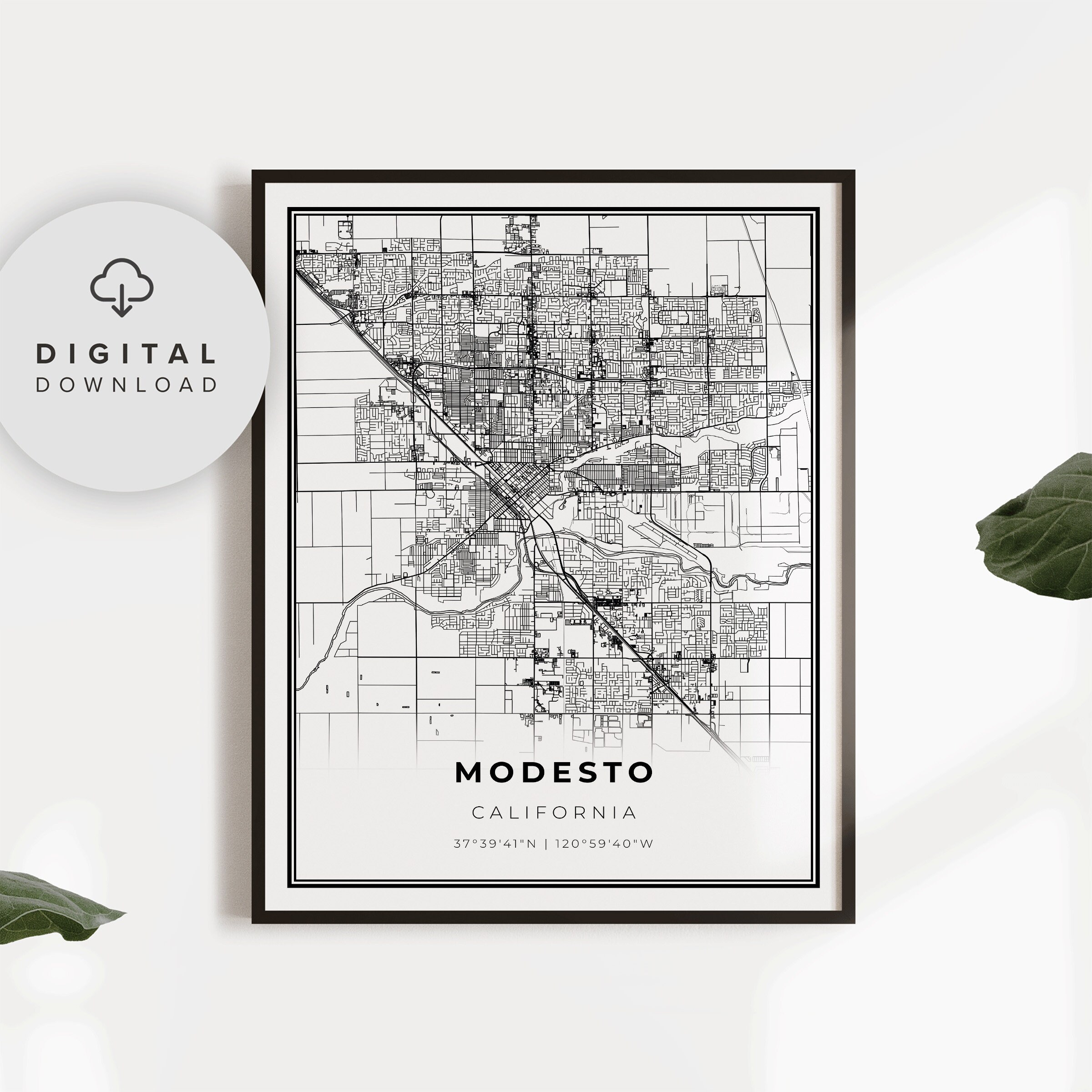 Modesto California Map Art Print, City Street Map (digital Download ...