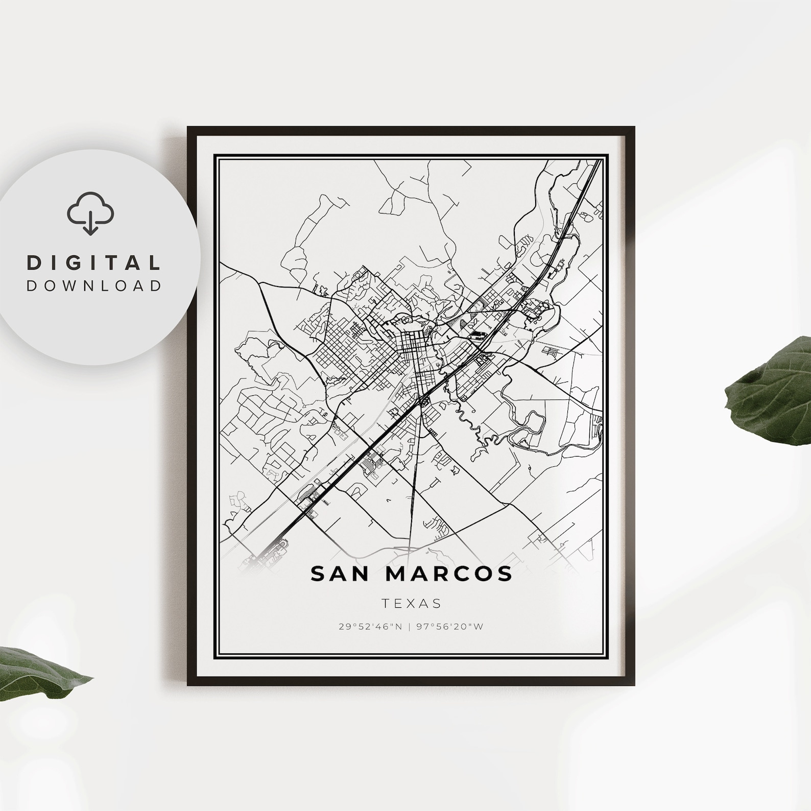 San Marcos Texas Map Art Print, City Street Road Map (digital Download ...