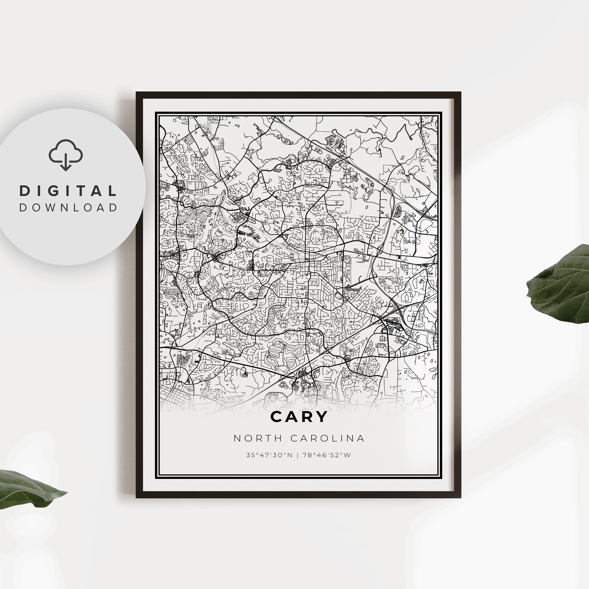 Cary NC Map Art Print, City Street Map Poster (digital Download), NP182 ...