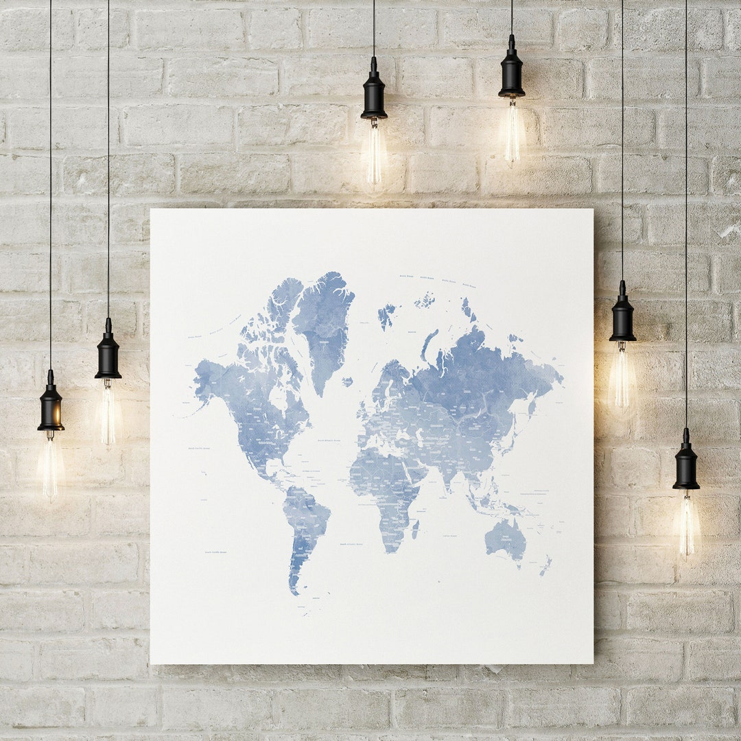 Blue World Map Printable Light Blue World Map Poster Blue - Etsy