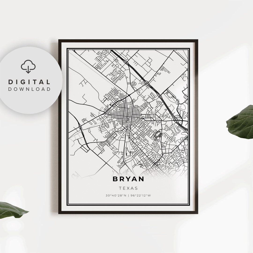 Bryan Map Print, Texas TX USA Map Art Poster, College Station ...
