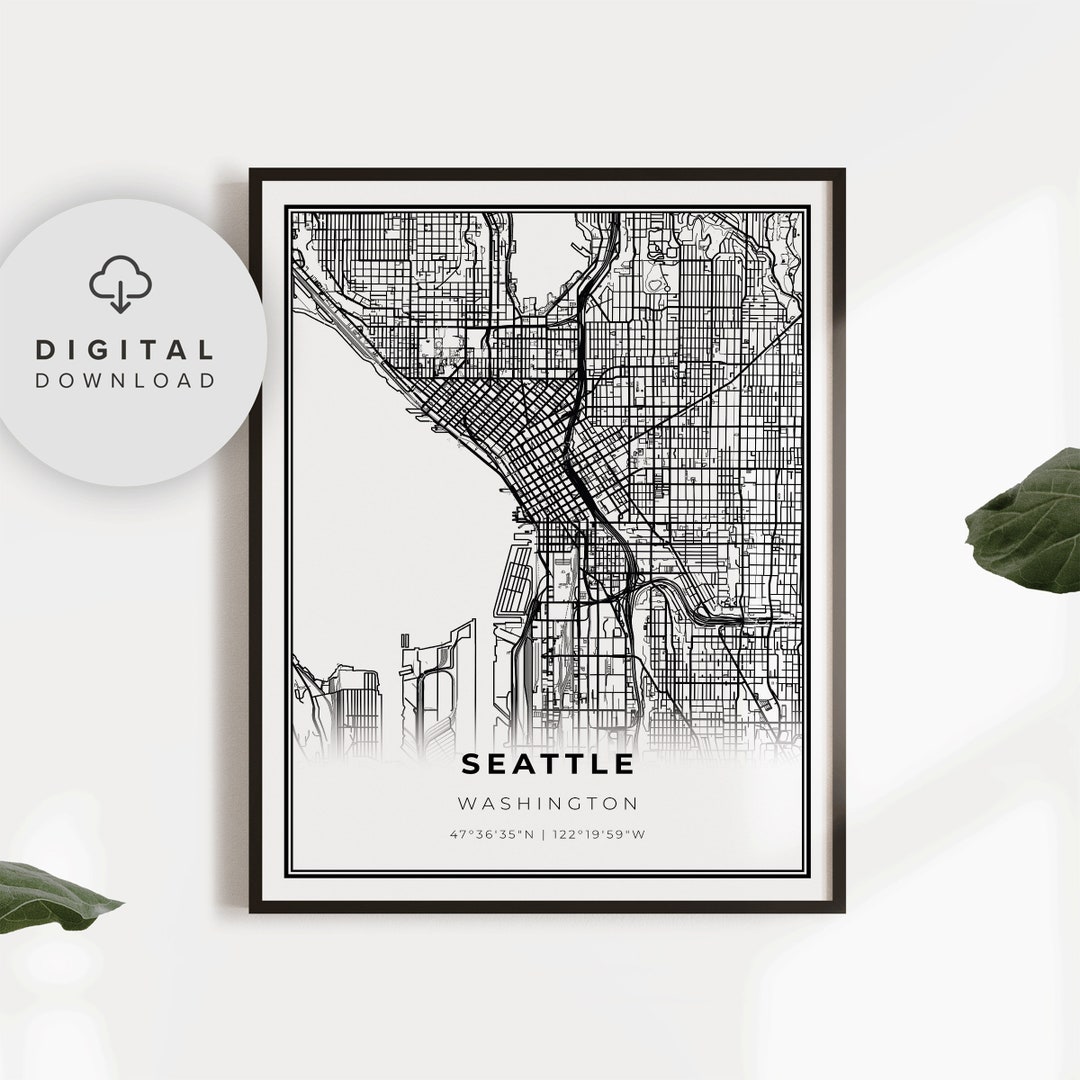 Downtown Seattle Map Print, Washington WA USA Map Art Poster, Printable ...