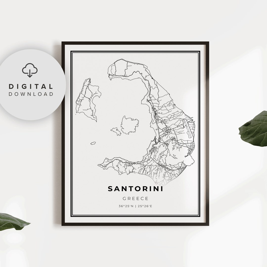 Santorini Map Print, Greece Map Art Poster, Thera Thira, Printable City ...