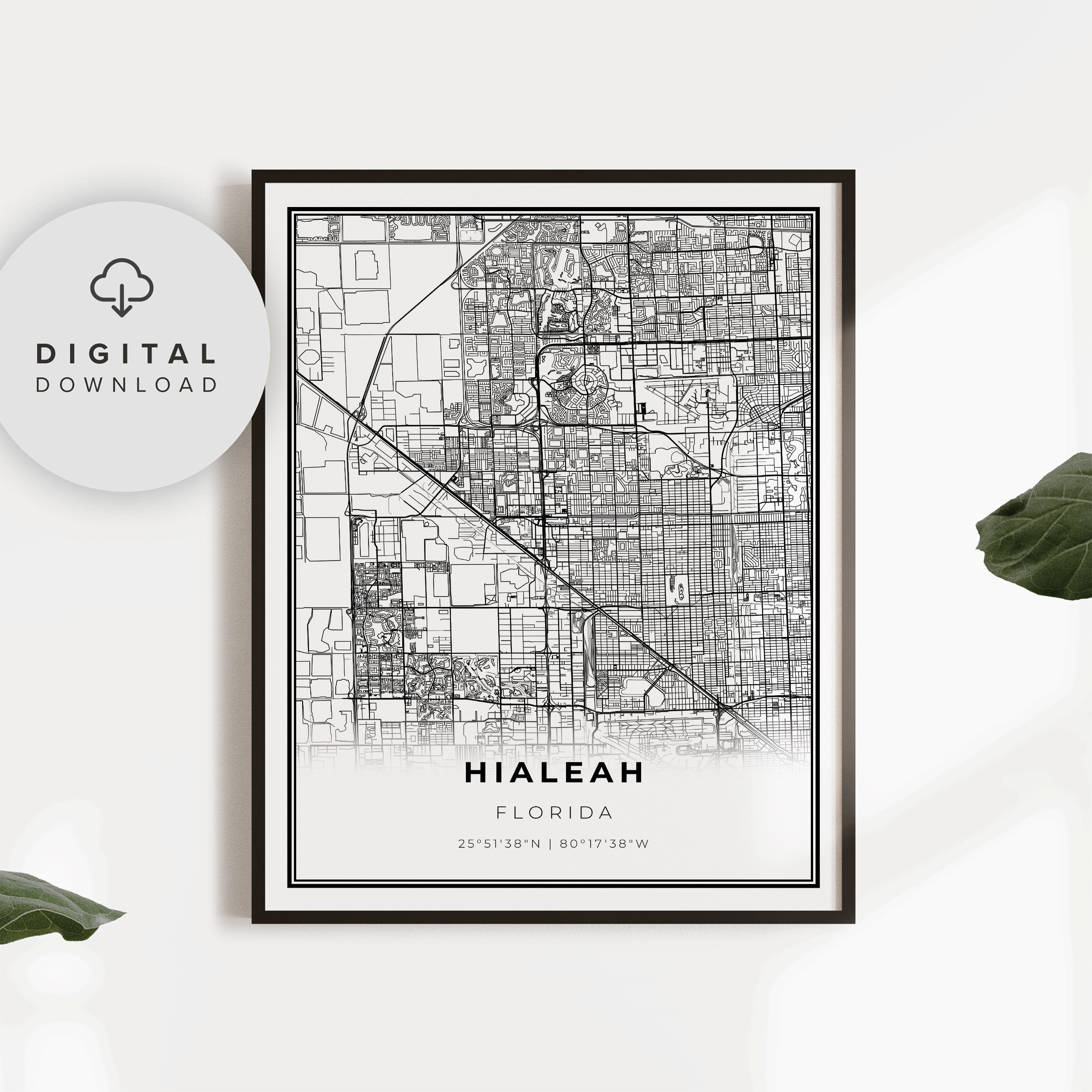 Hialeah Florida Map Art Print, City Street Map (digital Download), NP79 ...