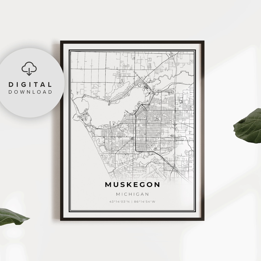 Muskegon Map Print, Michigan MI USA Map Art Poster, Lake Michigan ...