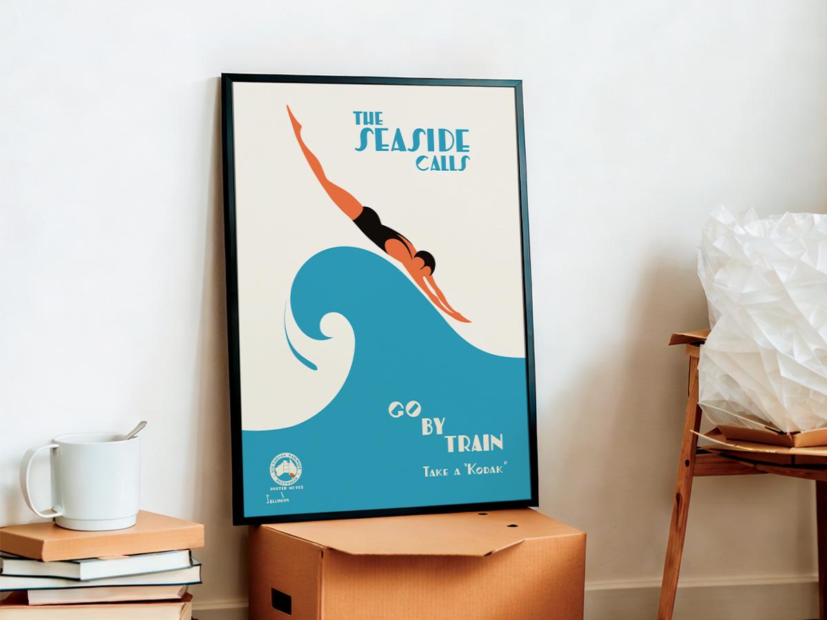 The Seaside Calls - Vintage Travel Poster, Retro Swimmer Print, Coastal ...