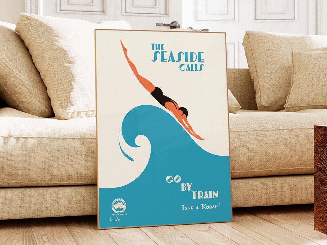The Seaside Calls - Vintage Travel Poster, Retro Swimmer Print, Coastal ...