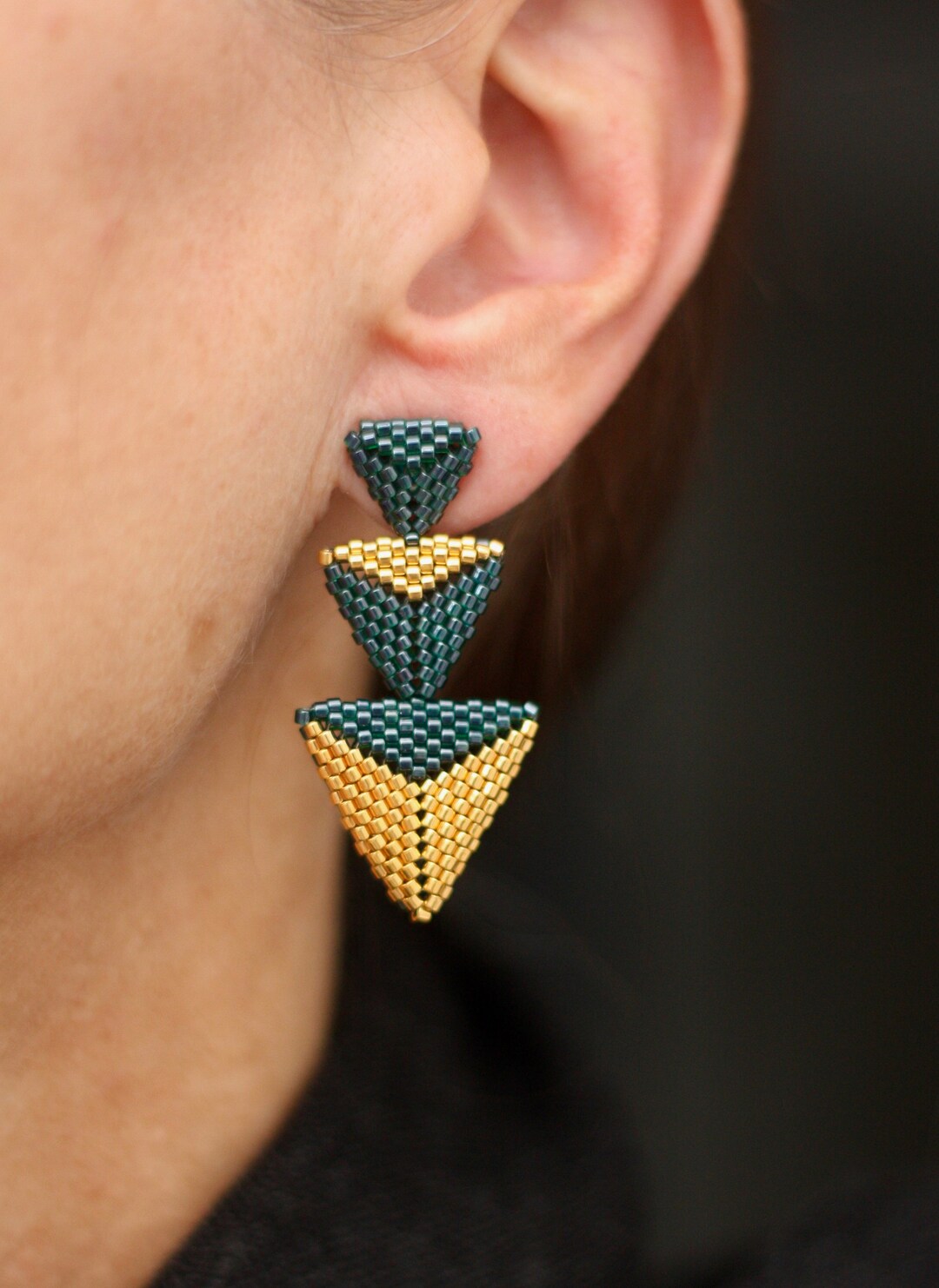 Elegant Emerald Green and Gold Handmade Beaded Earrings,free UK ...