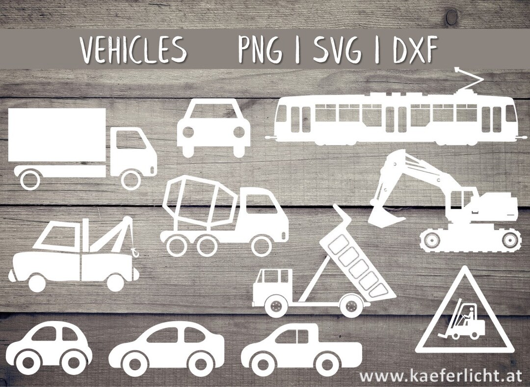 Plotterdatei Fahrzeuge Bagger Auto SVG DXF PNG Lastwagen Betonmischer Kipplaster Stapler ...