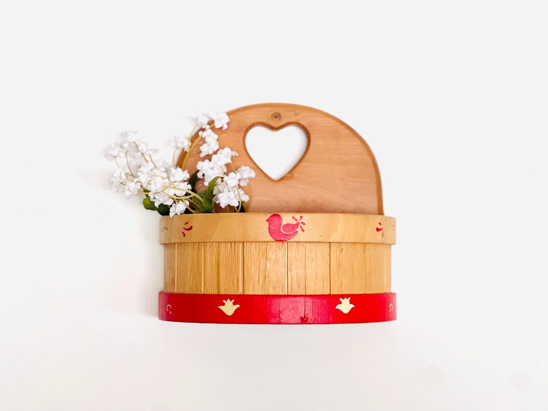 Vintage Wooden Wall Basket Half Round Planter Heart Carved Cottage ...