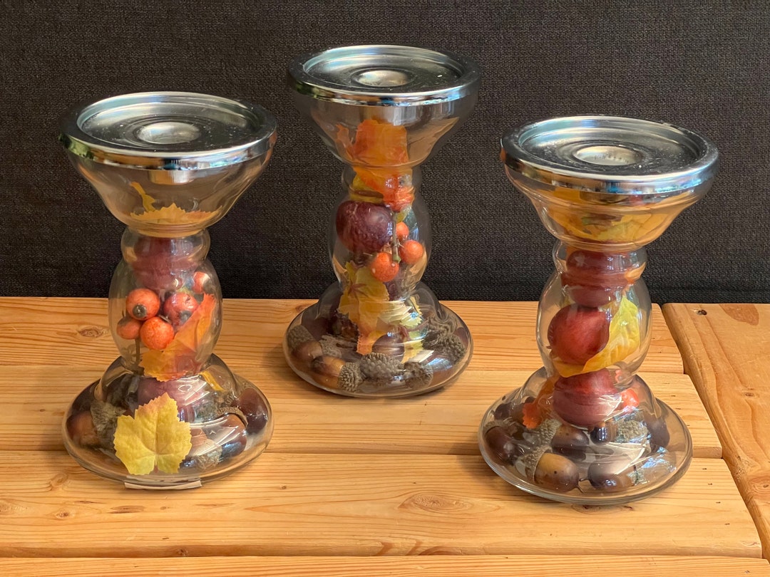 Set of 3 Autumm Fall Vintage Candles Holders Glass Filled Fall Leaf ...