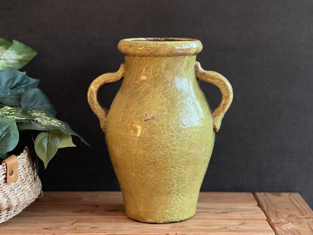 Vintage Glazed Stoneware Vase With Handles, Heavy Rustic Ceramic Vase ...